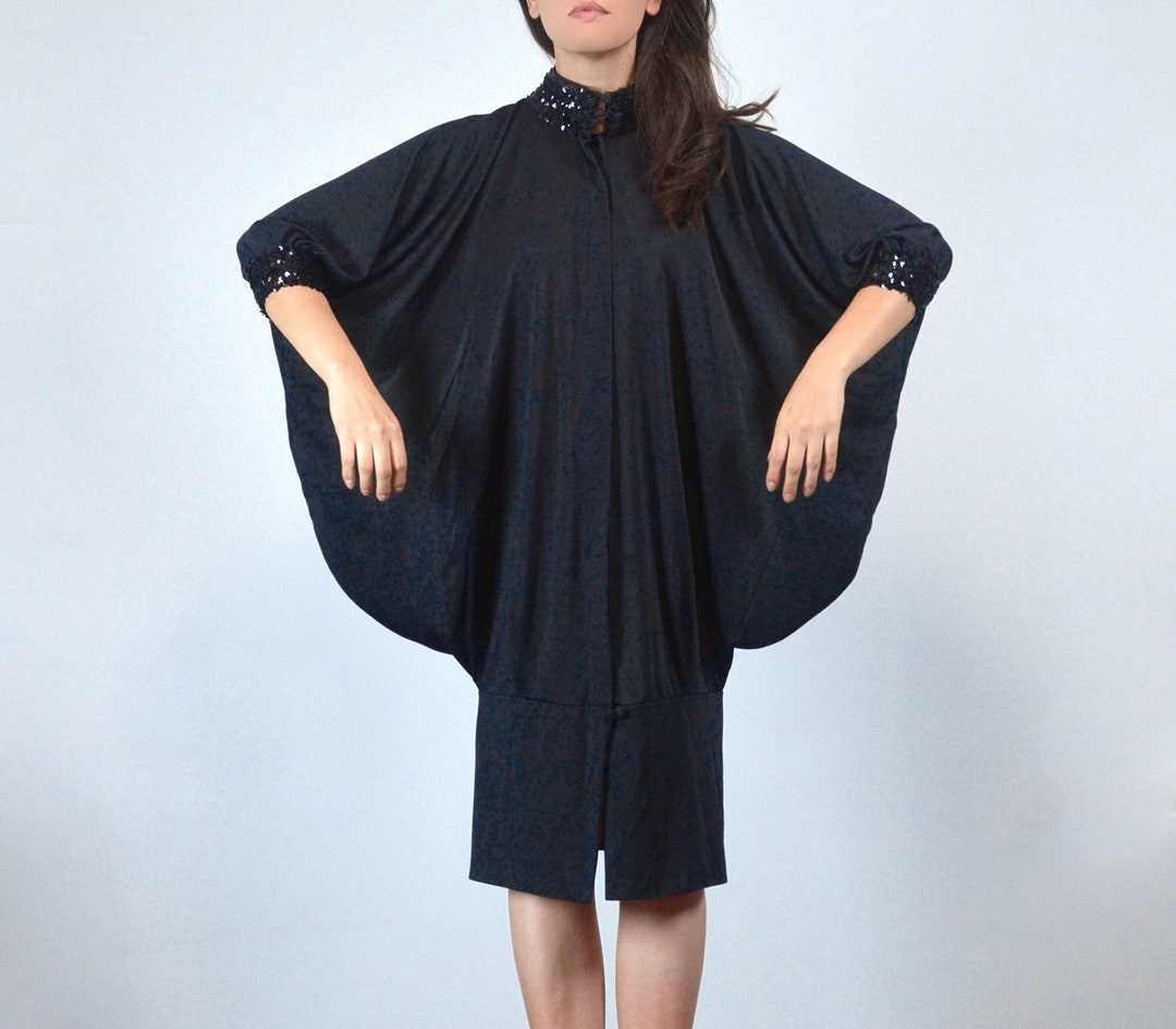 70s Black Draped Disco Dress, Sequin Collar With Pockets, XS to L - Etsy