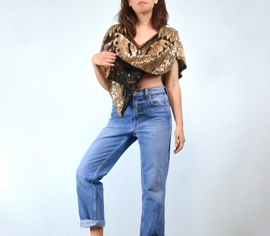 80s Gold Sequin Butterfly Top, XS to L Vintage Disco Blouse Poncho - Etsy