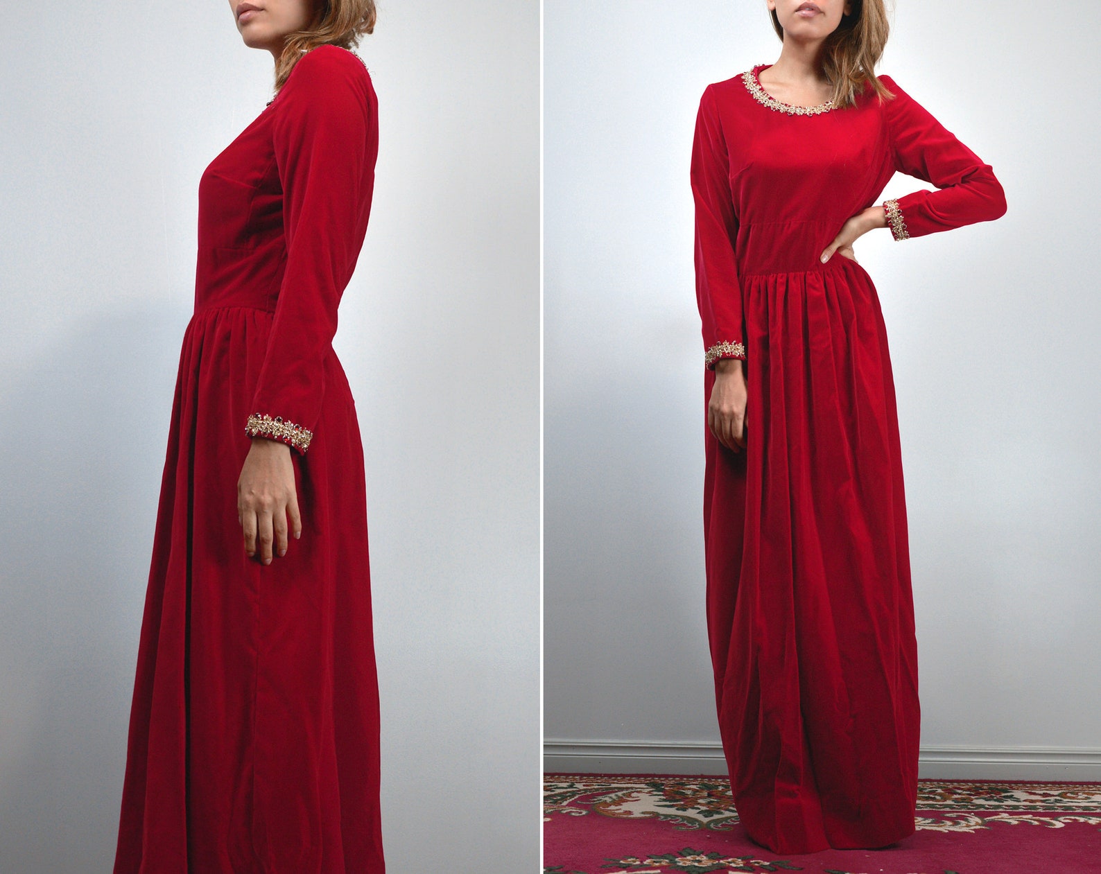 1970s Red Velvet Maxi Dress XS | Etsy