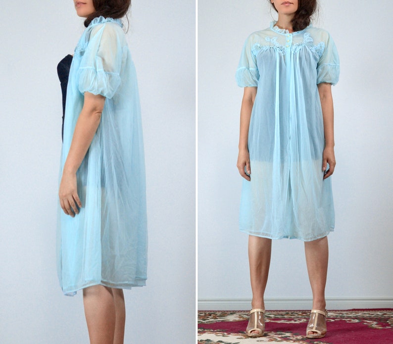 60s Sheer Blue Peignoir Robe - S to M | Vintage Short Negligee Babydoll ...