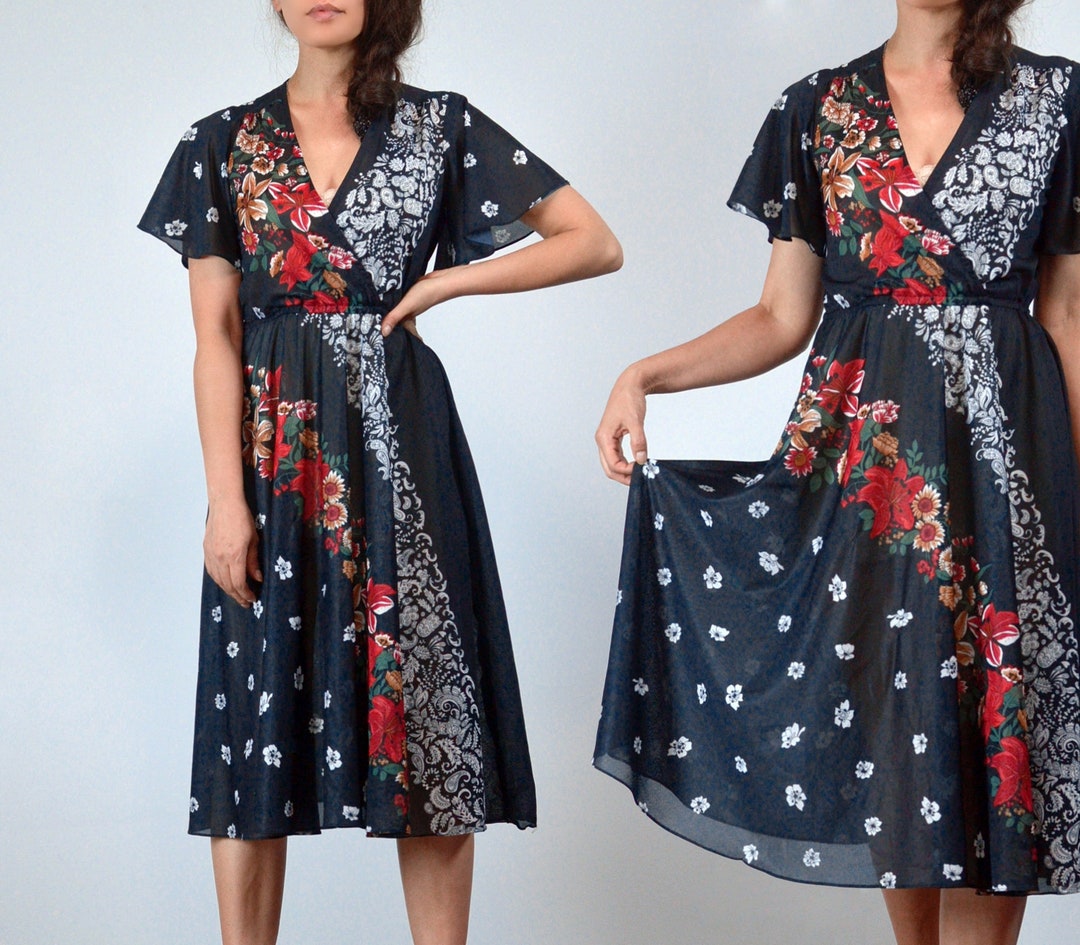 Sheer 1970s Floral Dress, XS to S Vintage Black Flutter Sleeve Flower ...