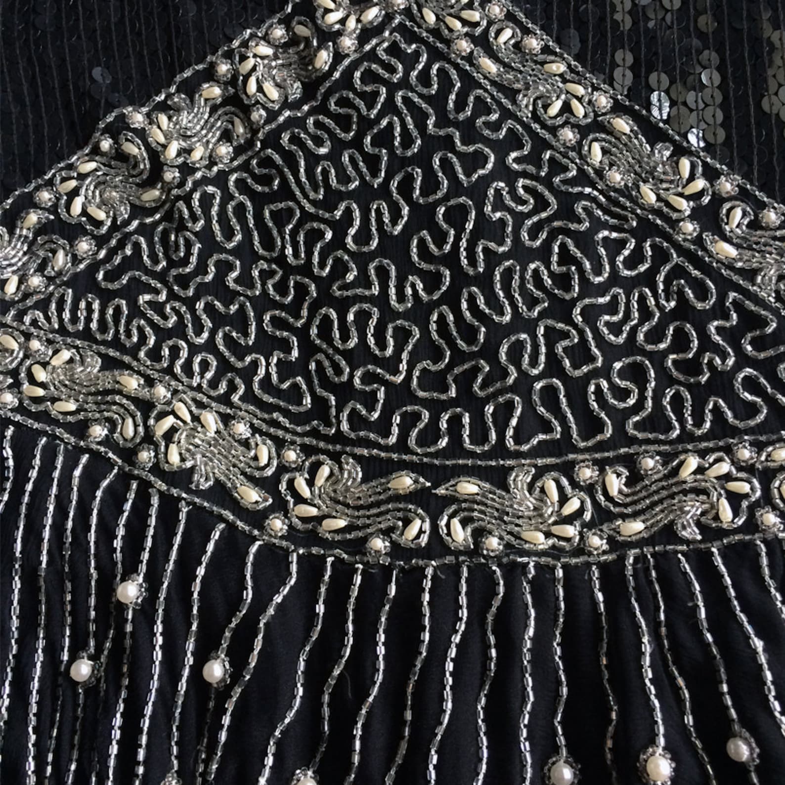 80s Sequin Dress Vintage Flutter Sleeve Black and Silver | Etsy