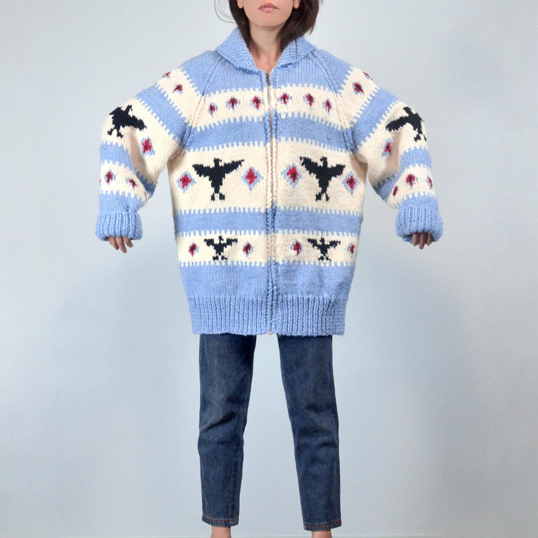 80s Hand Knit Eagle Cardigan, XL to XXL | Vintage Periwinkle Zip up ...