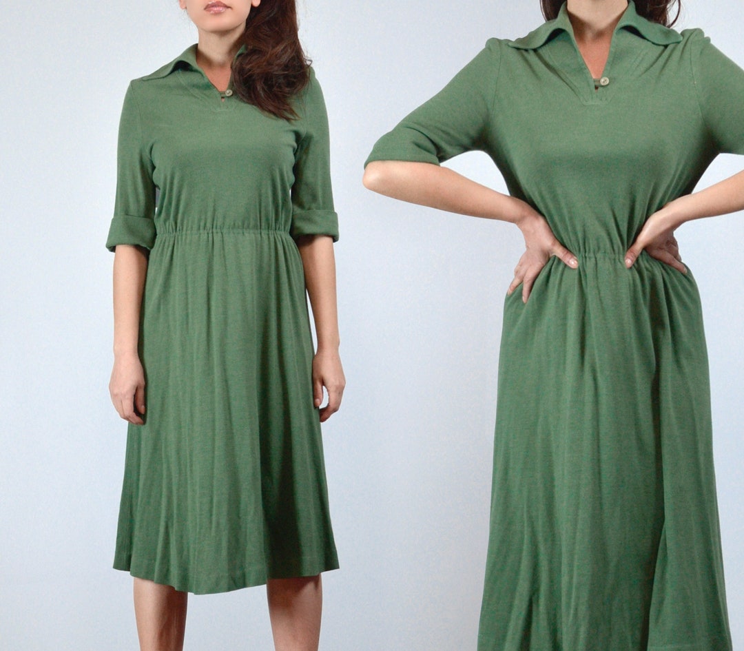 Vintage 70s Green Day Dress: Richard Shops Peaked Collar, XS/S - Etsy