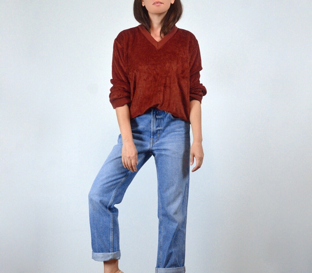 70s Fall V Neck Sweater, Vintage Rust Retro Basic Slouchy Pullover ...