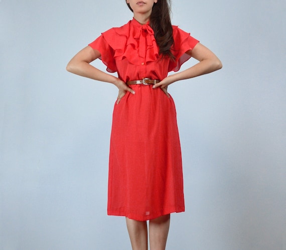 70s Sheer Red Secretary Dress S to M Vintage Tie Ruffle - Etsy