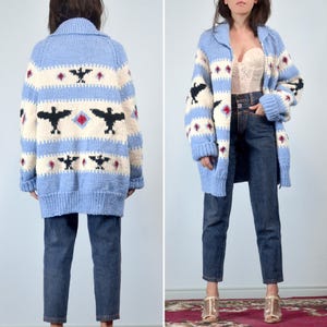 80s Hand Knit Eagle Cardigan, XL to XXL | Vintage Periwinkle Zip up ...