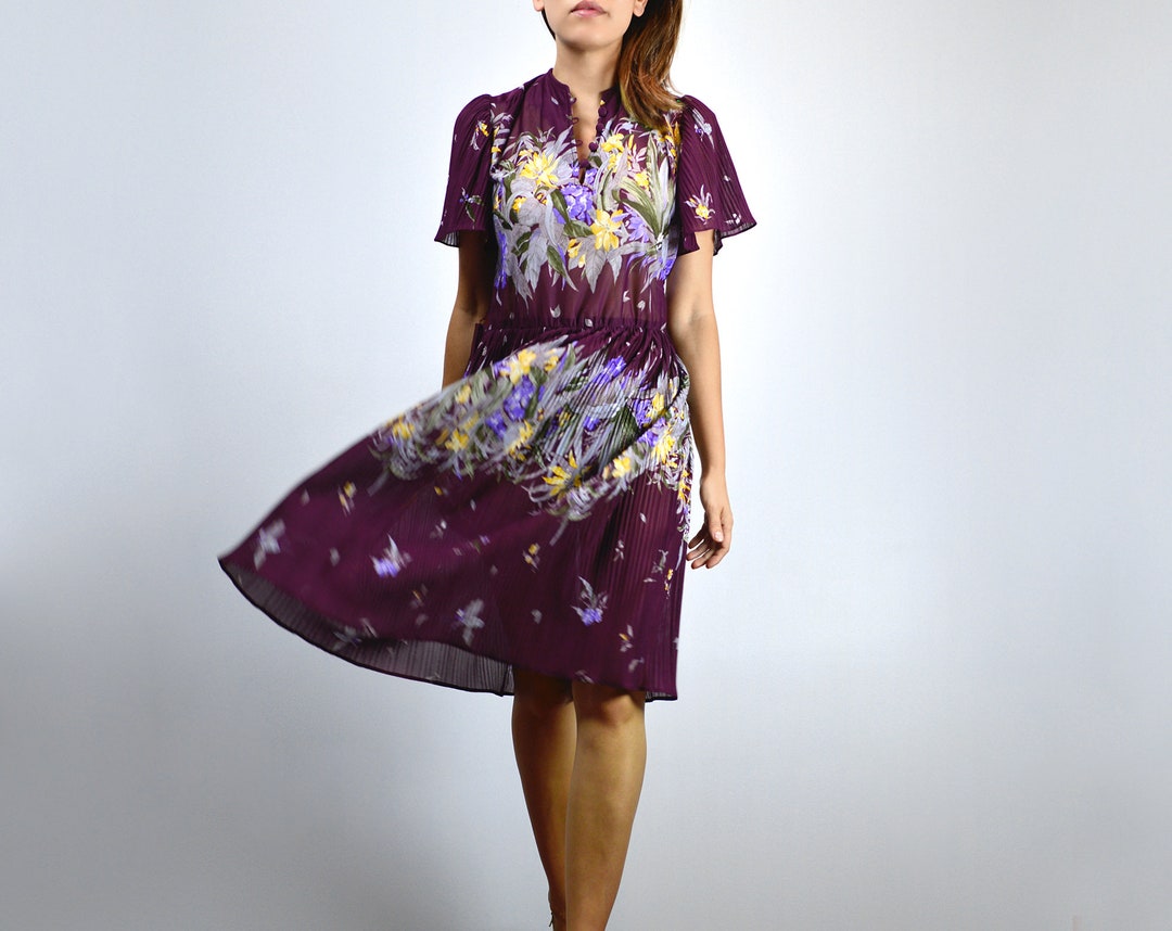 80s Floral Sheer Sundress, M to L | Boho Short Pleated Sleeve Dress - Etsy