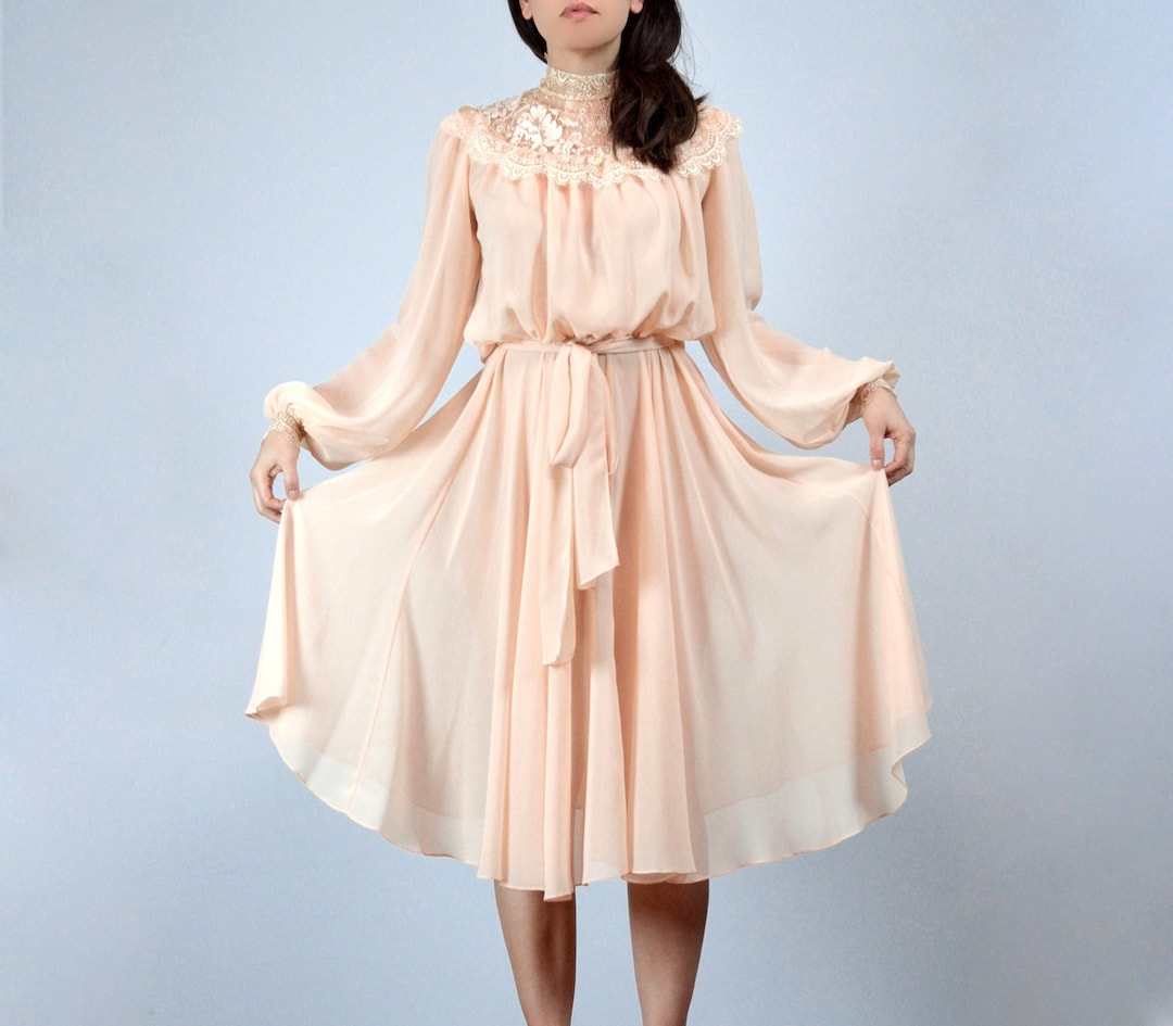 1970s Sheer Peach Lace Draped Dress, M - Etsy