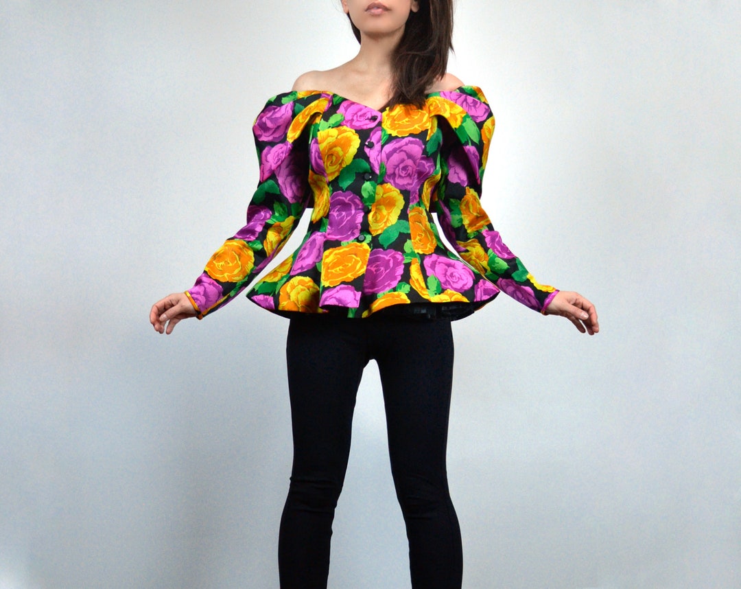 80s off the Shoulder Top - Medium to Large | Vintage Floral Peplum ...