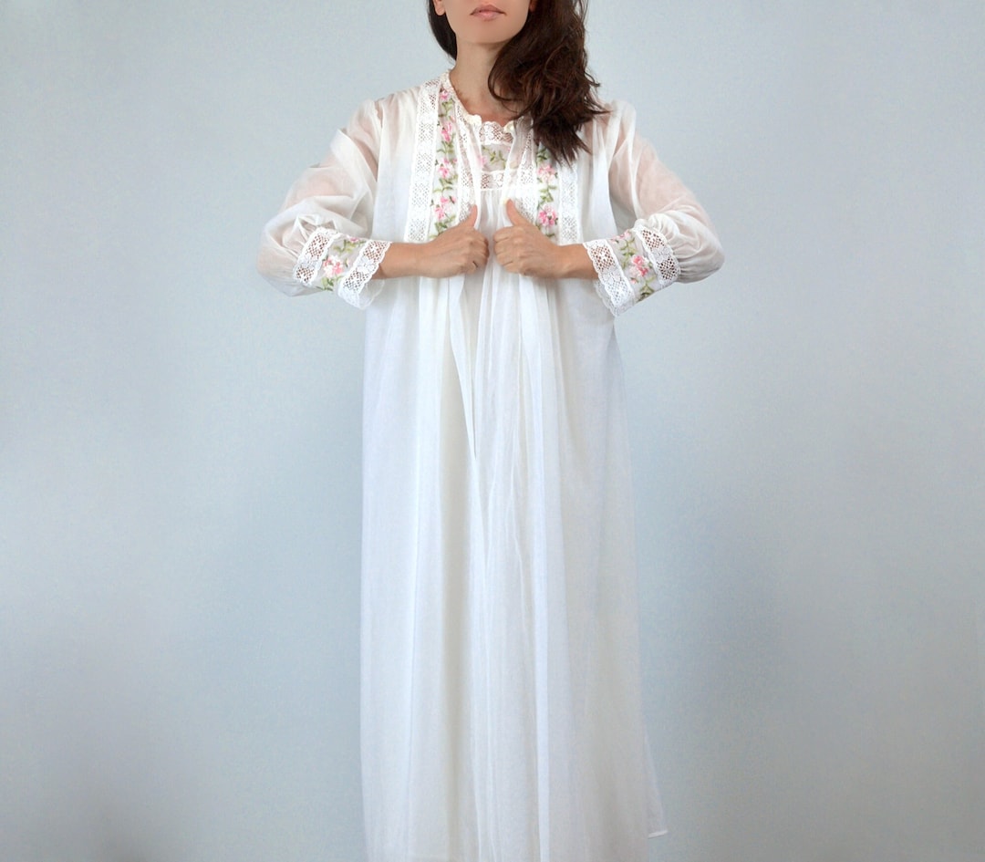 White Sheer Nightgown Robe Set, M | Vintage 2pc Floral Peignoir Set - Etsy