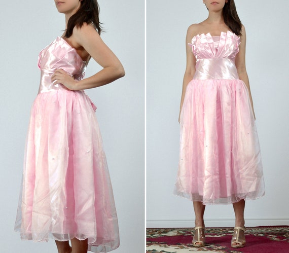 Y2K Pink Prom Dress, M to L | Strapless Faux Pearl Pr… - Gem