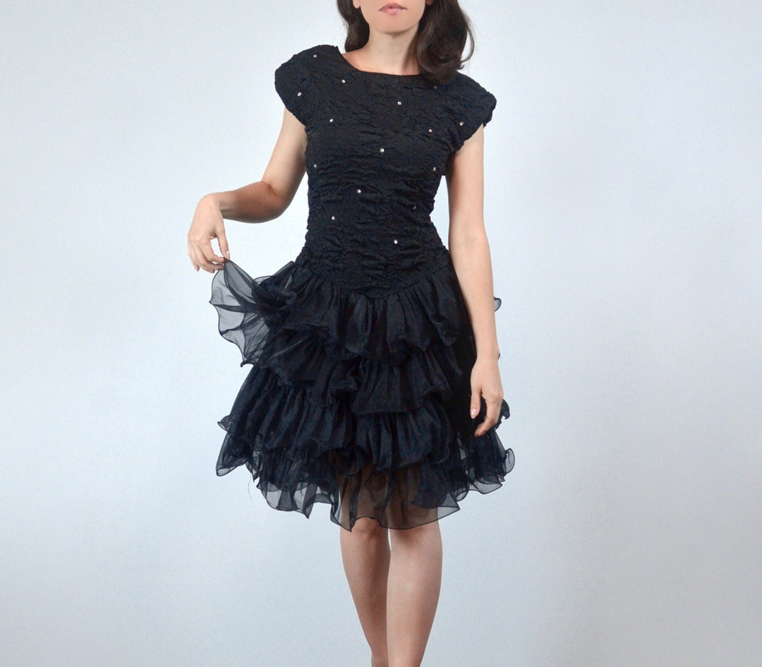 80s Rhinestone & Ruffle Party Dress, XS - Etsy