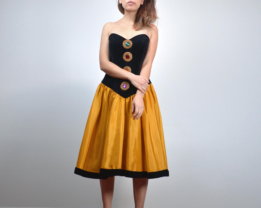 80s Prom Dress, S to M | Black & Mustard Yellow Sweetheart Neckline ...
