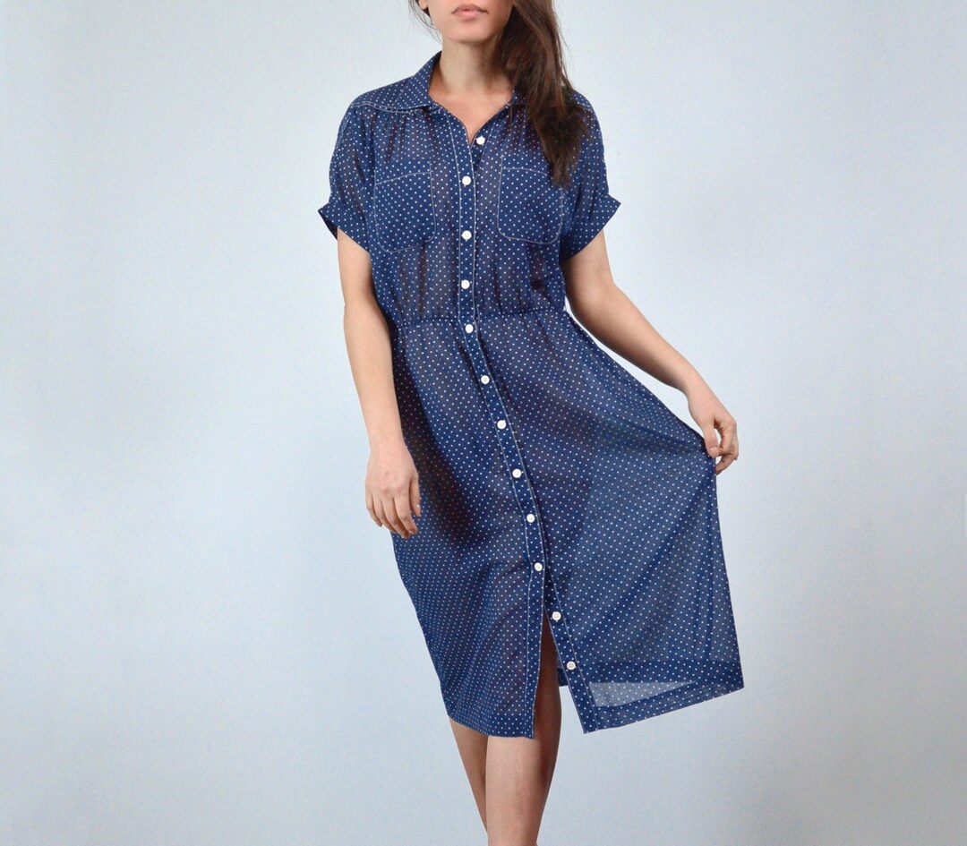 Sheer Polka Dot Dress - M to L | Vintage 70s 80s Navy & White See ...