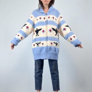 80s Hand Knit Eagle Cardigan, XL to XXL | Vintage Periwinkle Zip up ...