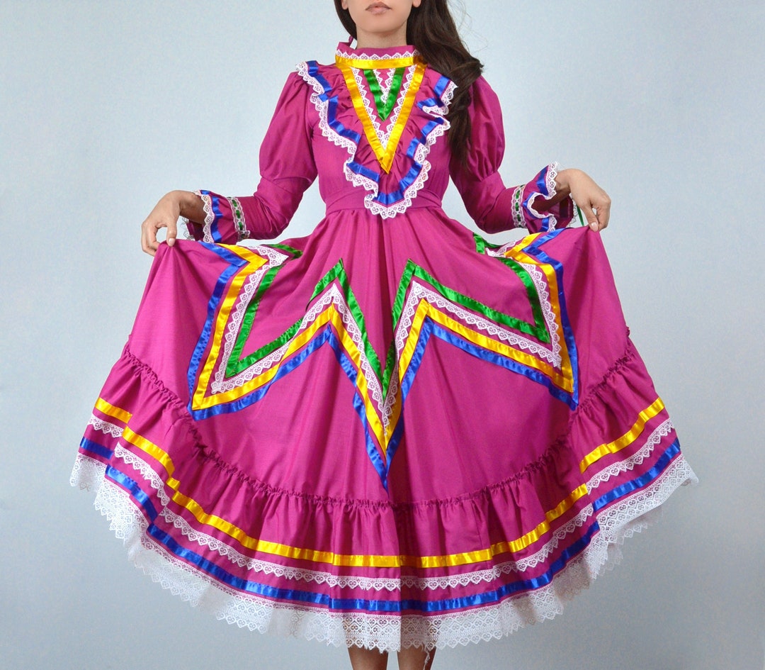 Mexican Jalisco Dress Hot Pink Folkloric Teenager Ribbon - Etsy