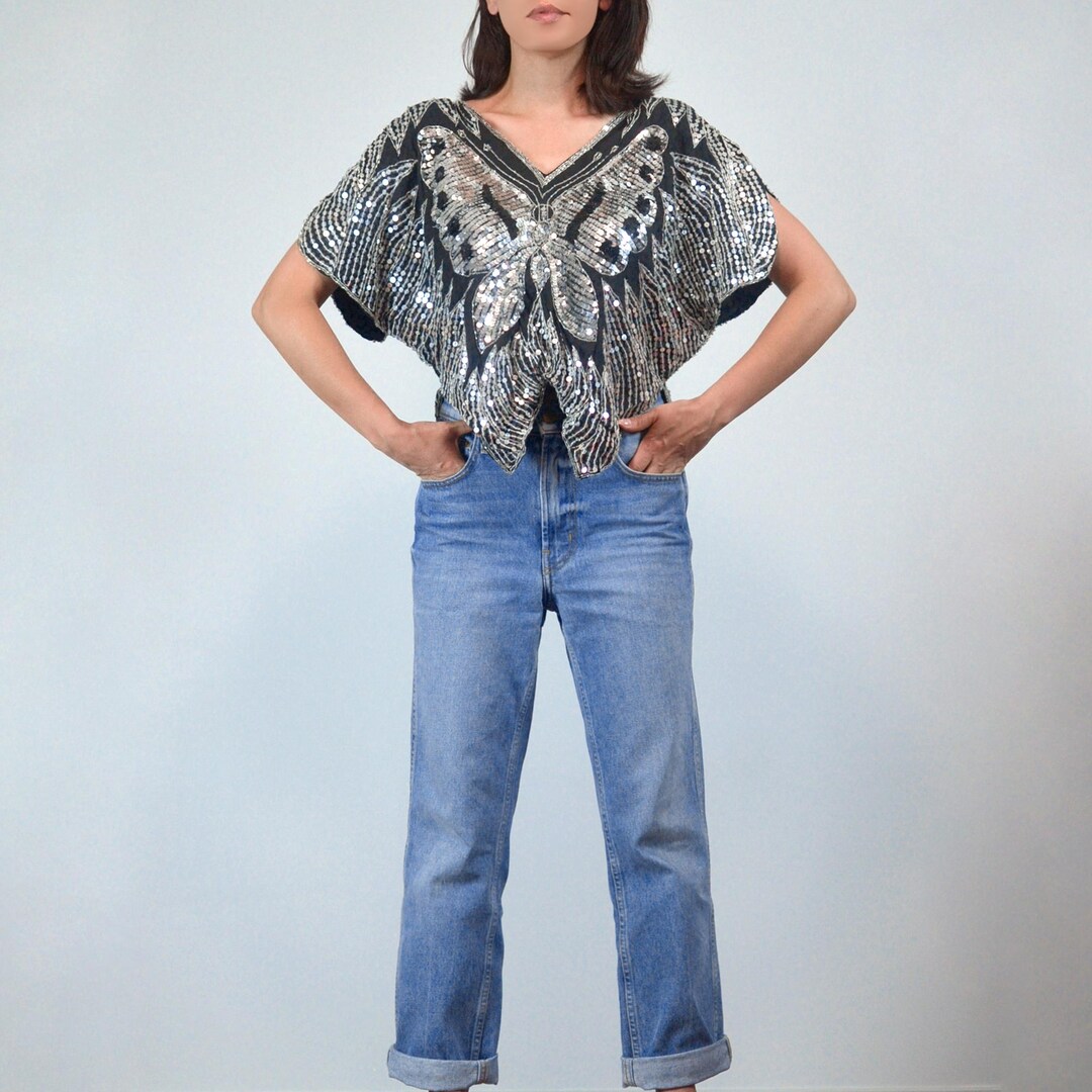 80s Silver Sequin Butterfly Top, XS to M | Vintage Disco Blouse Poncho ...