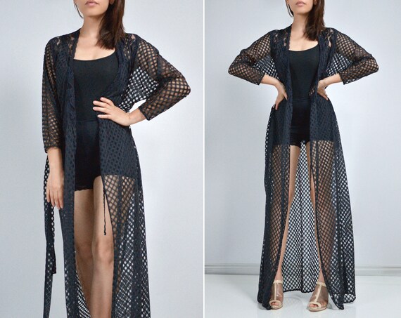 Sheer Black Robe with Pockets, Long Vintage Lace Ling… - Gem