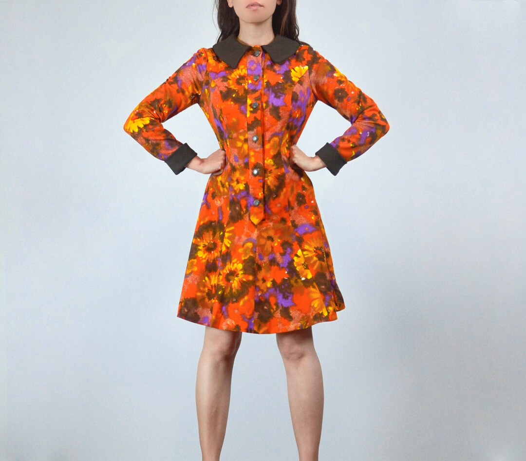 Vtg 1960s 70s Mod Dress, XS to S | Long Sleeve Button up Floral Print ...