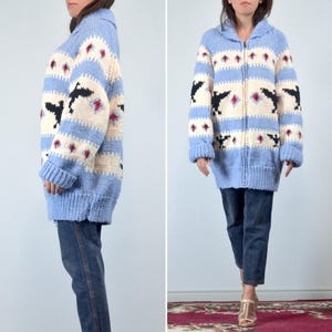 80s Hand Knit Eagle Cardigan, XL to XXL | Vintage Periwinkle Zip up ...