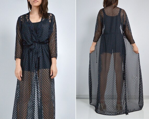 Sheer Black Robe with Pockets, Long Vintage Lace Ling… - Gem