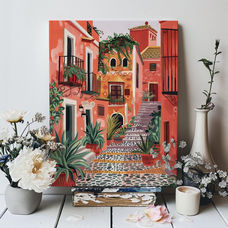 Vibrant Colorful Mexican Paint by Number Kit Houses Street Cactus DIY ...