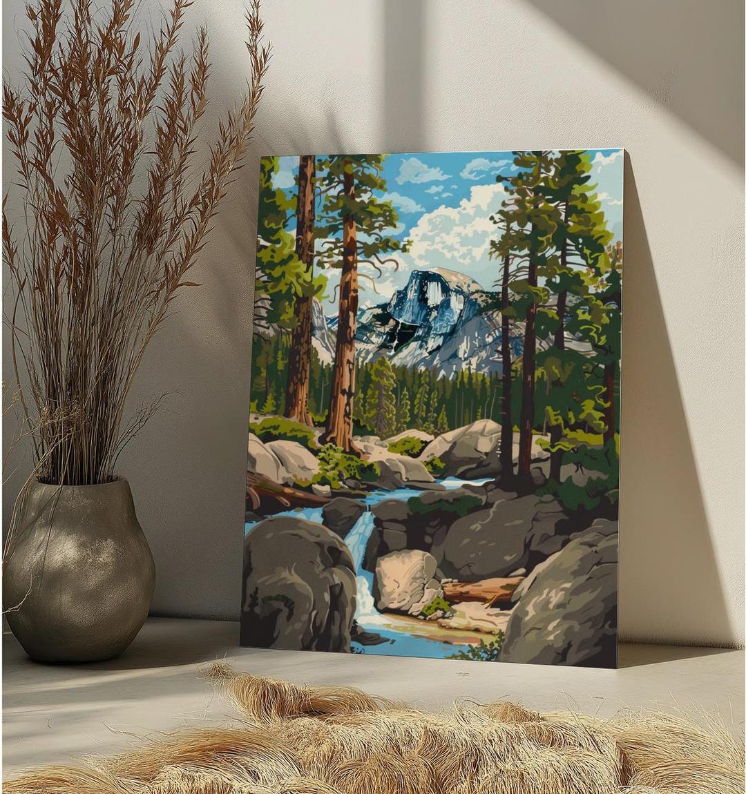 Vintage Mountain Forest Paint by Number Kit River Stream Landscape ...