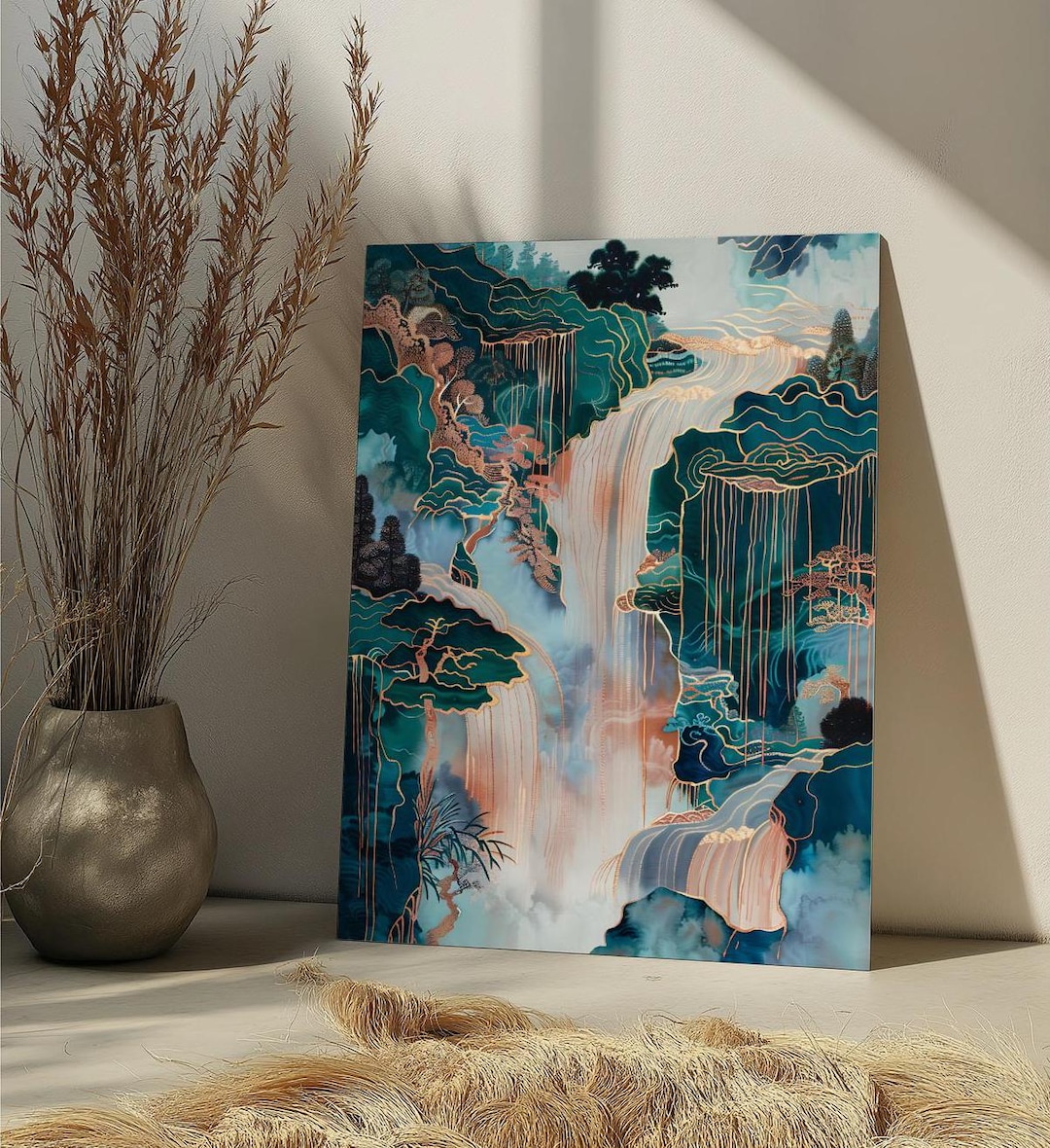 Japanese Waterfall Paint by Number Kit Pink Green Landscape DIY Paint ...