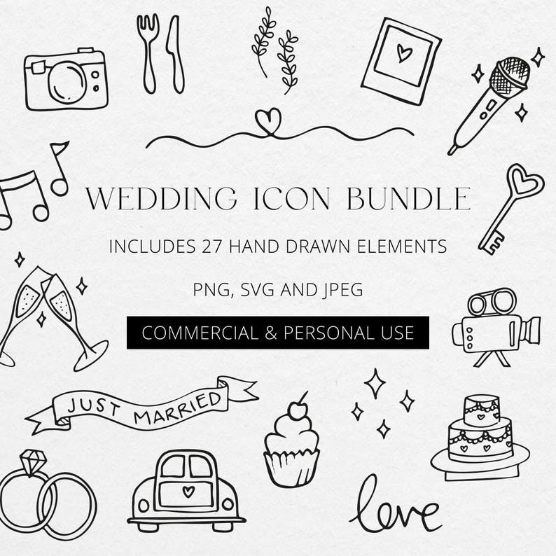 Hand Drawn Wedding Icons, Wedding Llustration Set, SVG PNG JPG, Black ...