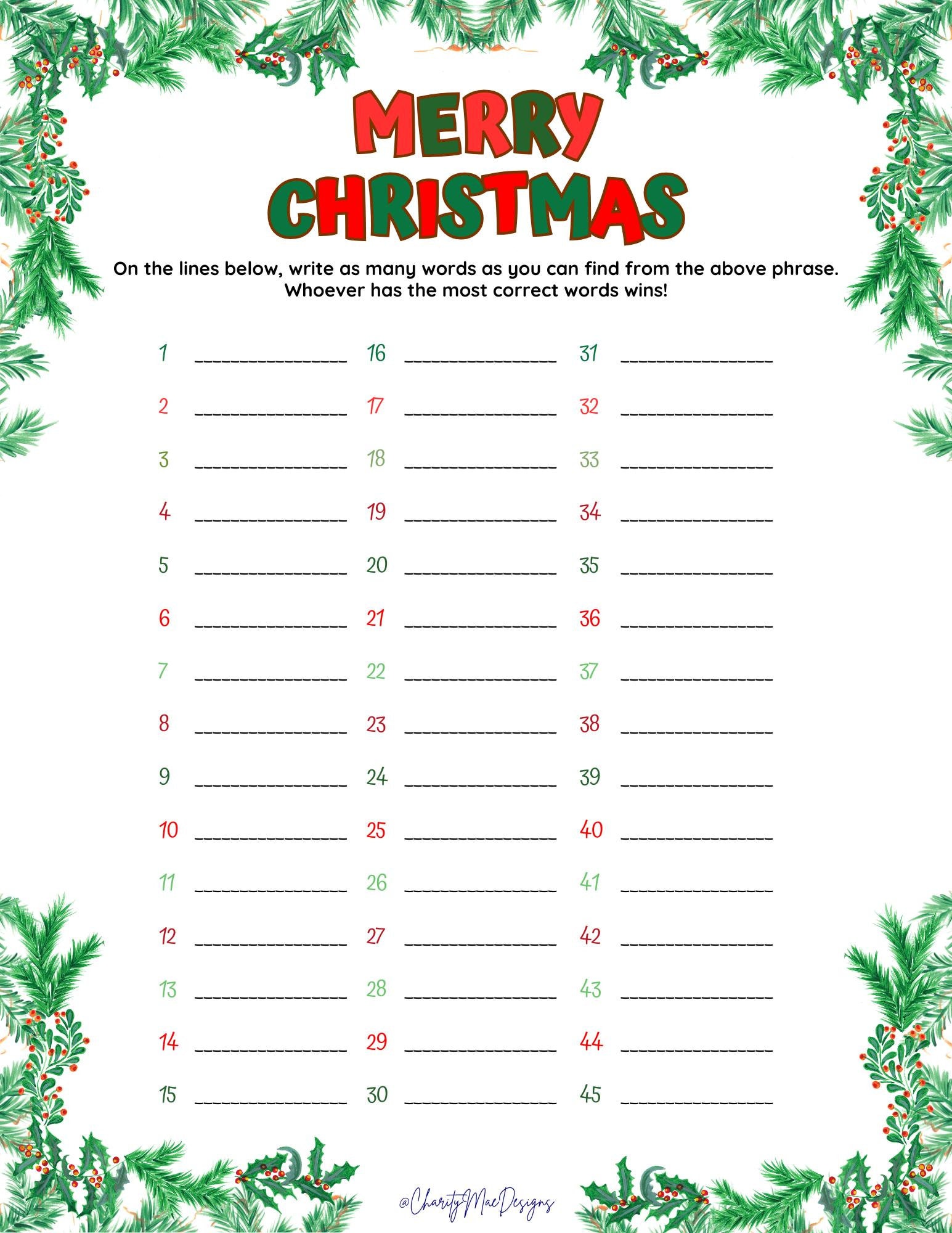Merry Christmas Word Game Printable, Fun Holiday Activity, Family Game ...