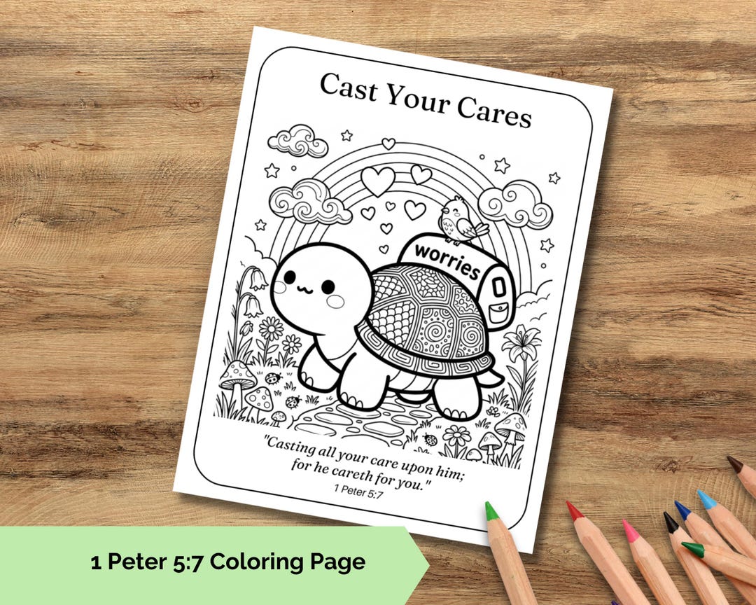 Cast Your Cares Scripture Coloring Page, 1 Peter 5:7 Bible Verse ...