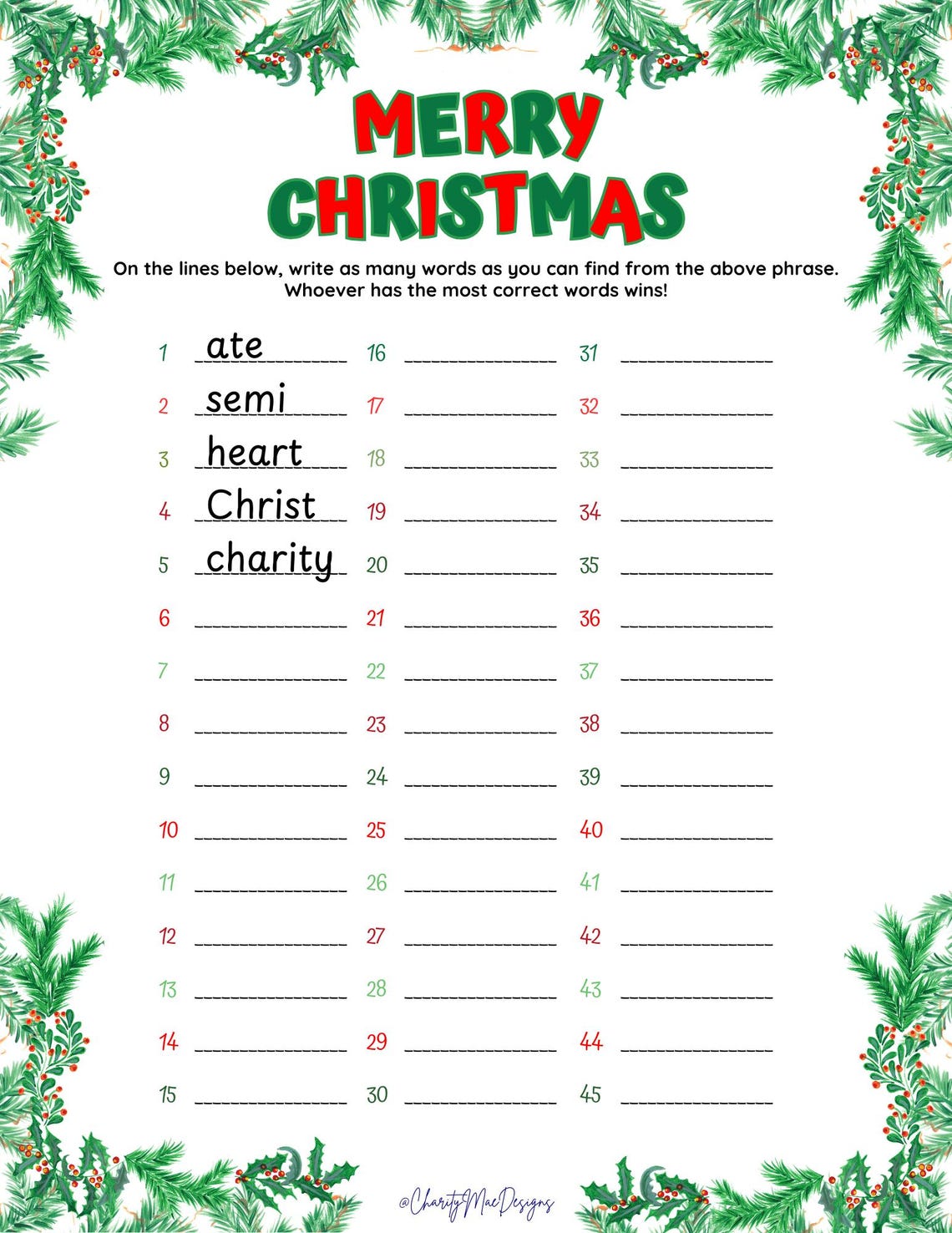 Merry Christmas Word Game Printable, Fun Holiday Activity, Family Game ...