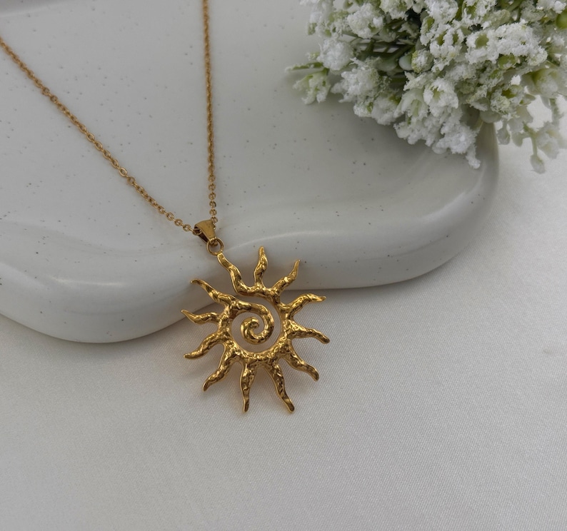 Sun Necklace: 18K Gold PVD Plated, 3D Spiral Pendant, Waterproof ...