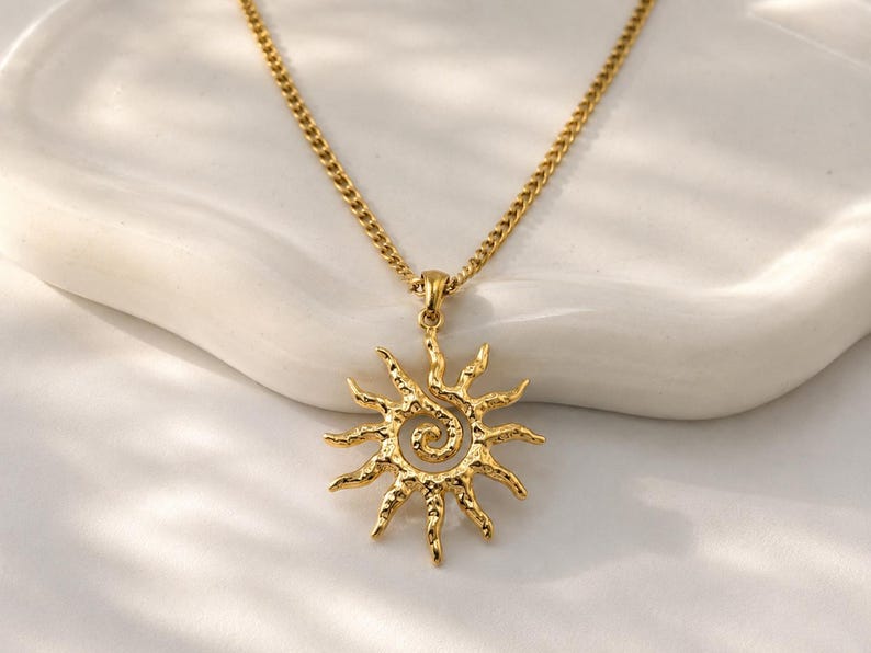 Sun Necklace: 18K Gold PVD Plated, 3D Spiral Pendant, Waterproof ...