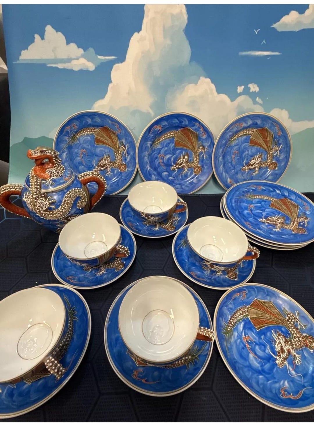 Antique Blue Dragonware Moriage Lithophane Tea Set Made in Japan 1921 ...