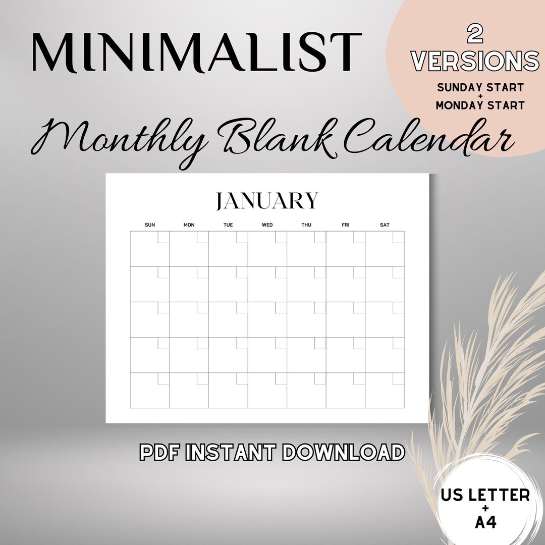 Monthly Blank Calendar Printable | Sunday Start | Monday Start | Simple ...