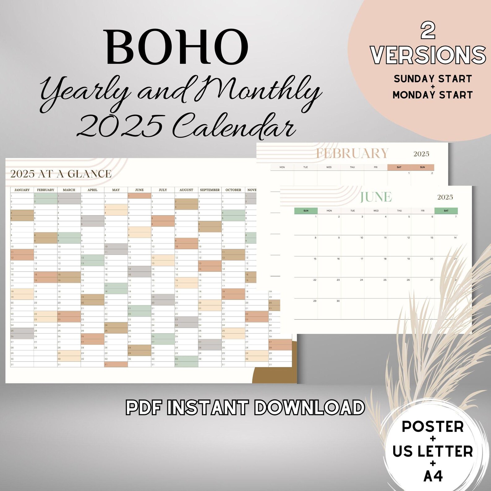 Boho 2025 Calendar + Giant 2025 Wall Calendar, Monthly Planner, Annual ...