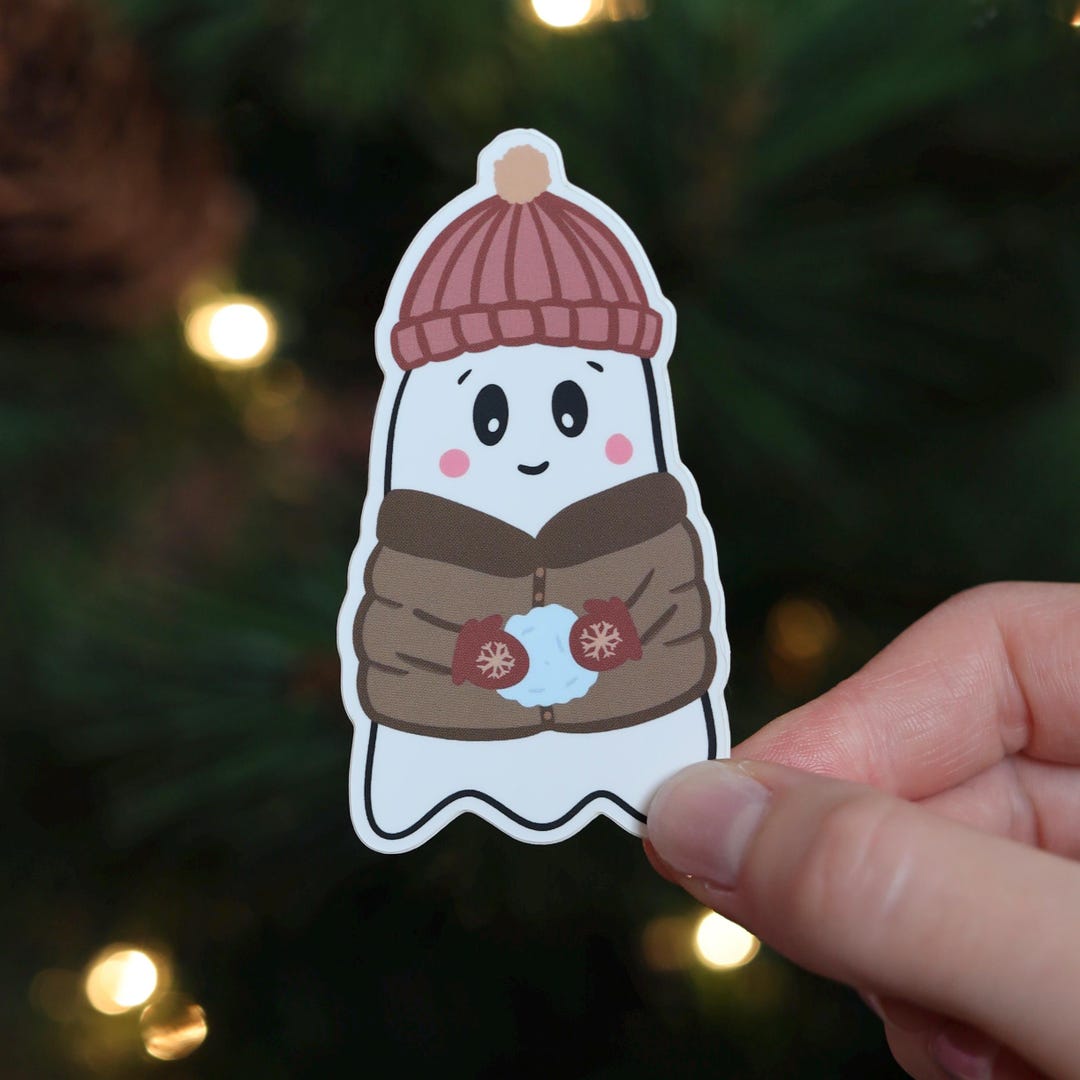 Cute Winter Snowball Ghost Puffer Jacket & Beanie Vinyl Sticker ...