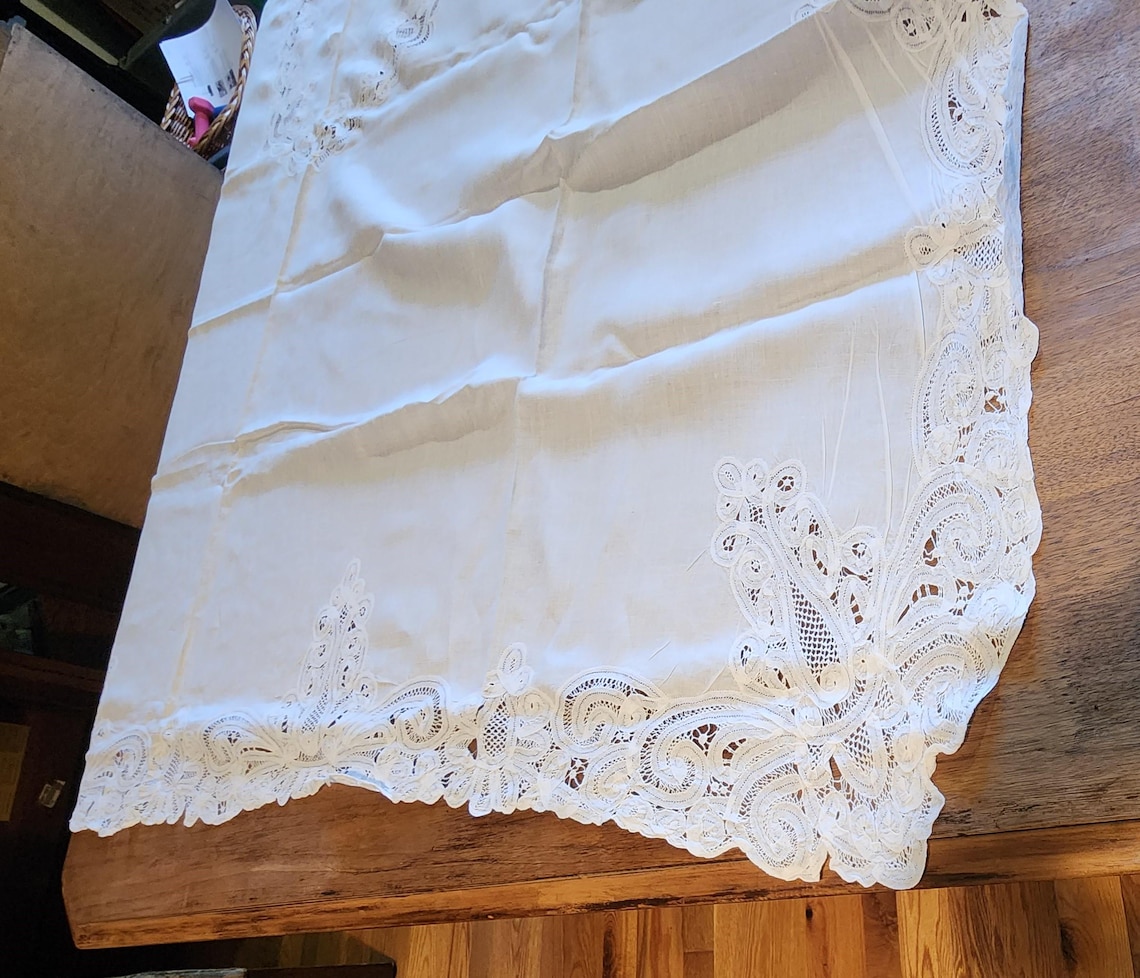 Vintage Large Belgian White Linen Tablecloth W Cutwork & Battenburg ...