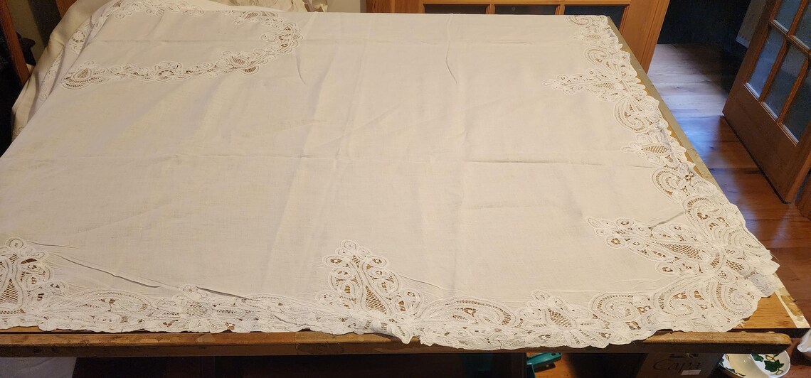 Vintage Large Belgian White Linen Tablecloth W Cutwork & Battenburg ...