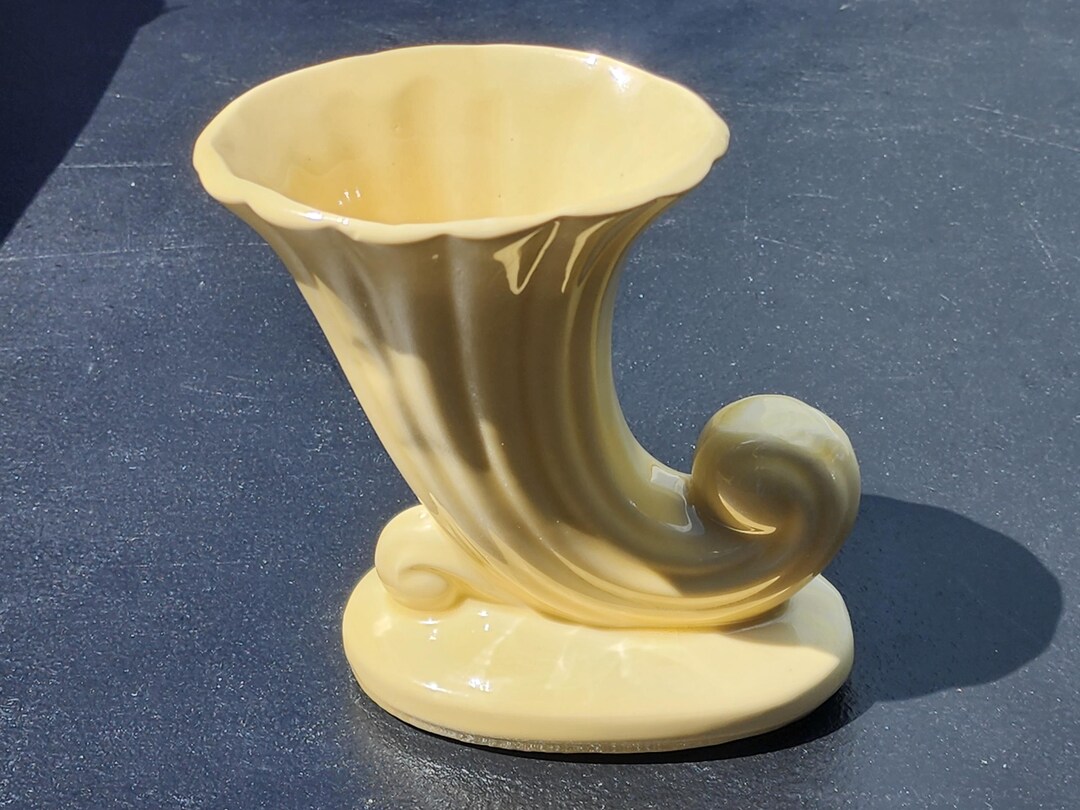 Vintage USA Pottery Cornucopia / Horn of Plenty Vase / Planter. Yellow ...