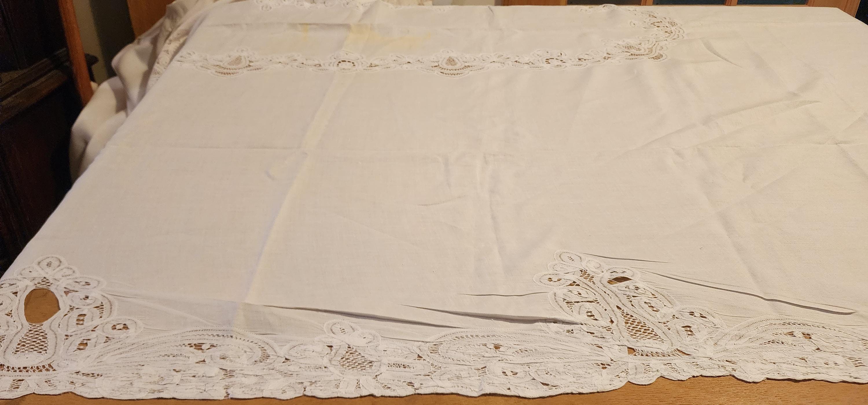 Vintage Large Belgian White Linen Tablecloth W Cutwork & Battenburg ...