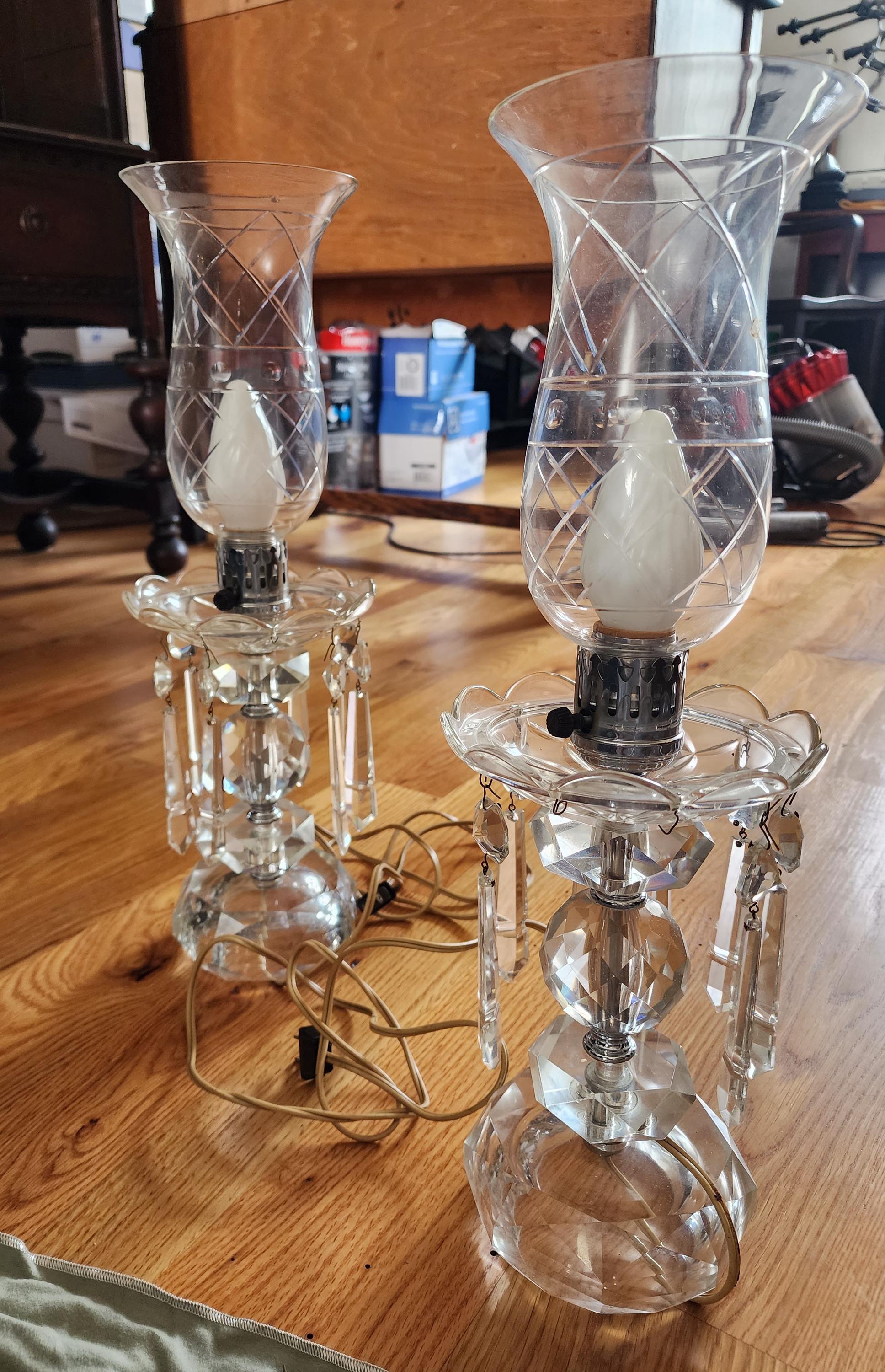 Antique Cut & Etched Crystal Glass Hurricane Lamps W/ Prisms - Etsy