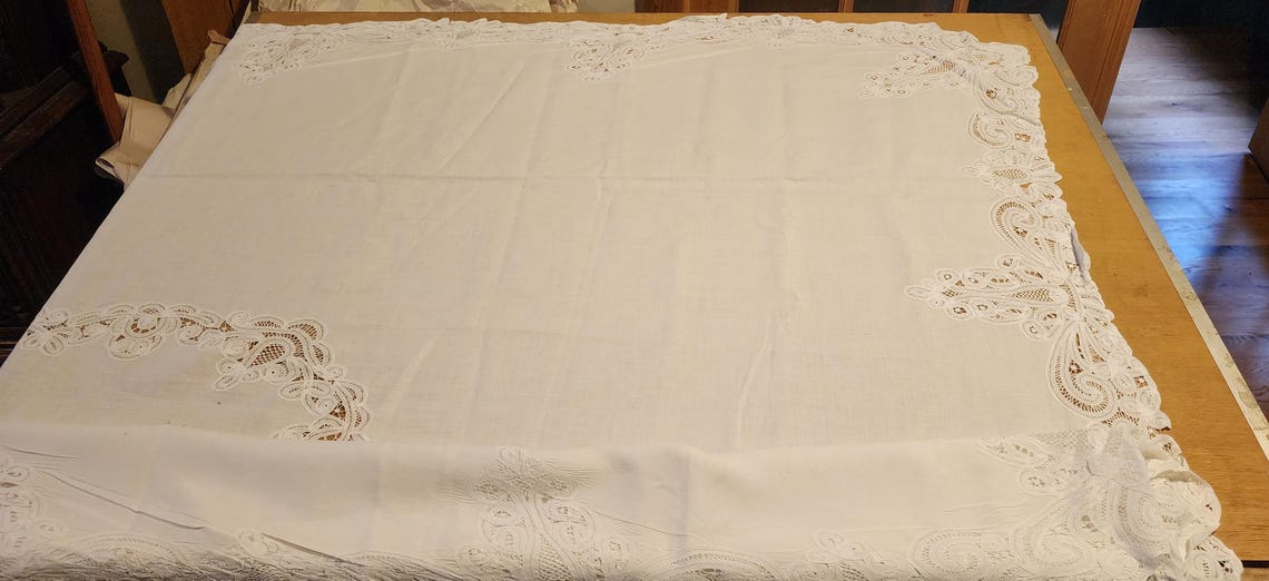 Vintage Large Belgian White Linen Tablecloth W Cutwork & Battenburg ...