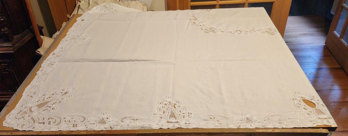 Vintage Large Belgian White Linen Tablecloth W Cutwork & Battenburg ...