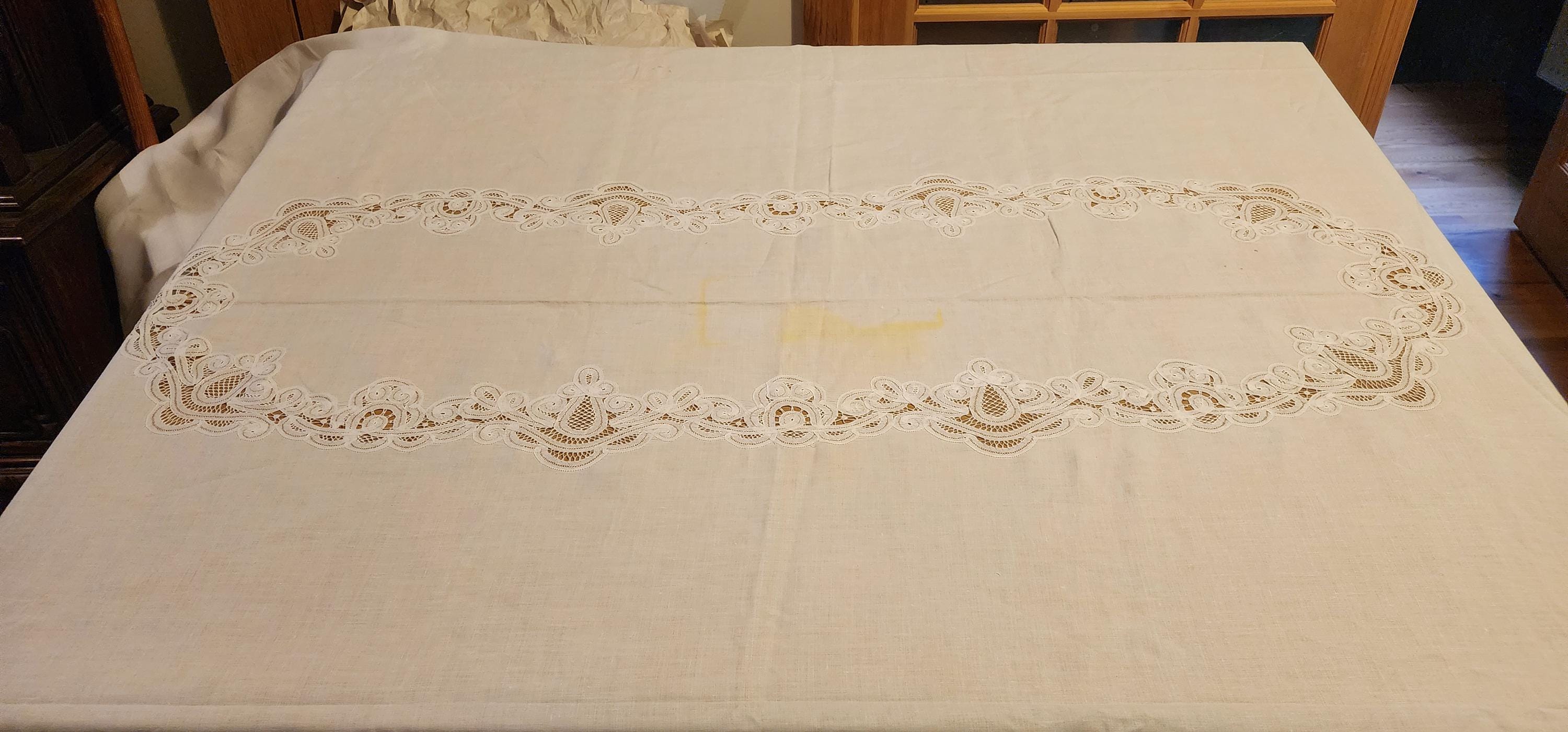 Vintage Large Belgian White Linen Tablecloth W Cutwork & Battenburg ...
