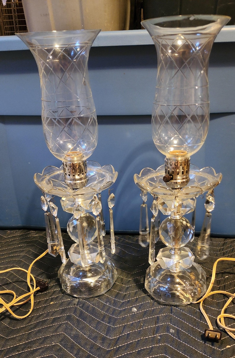 Antique Cut & Etched Crystal Glass Hurricane Lamps W/ Prisms - Etsy