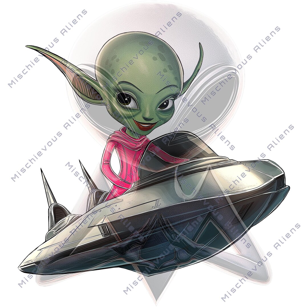 Female Alien Flying Spaceship Kiss-cut Sticker by Mischievous Aliens ...
