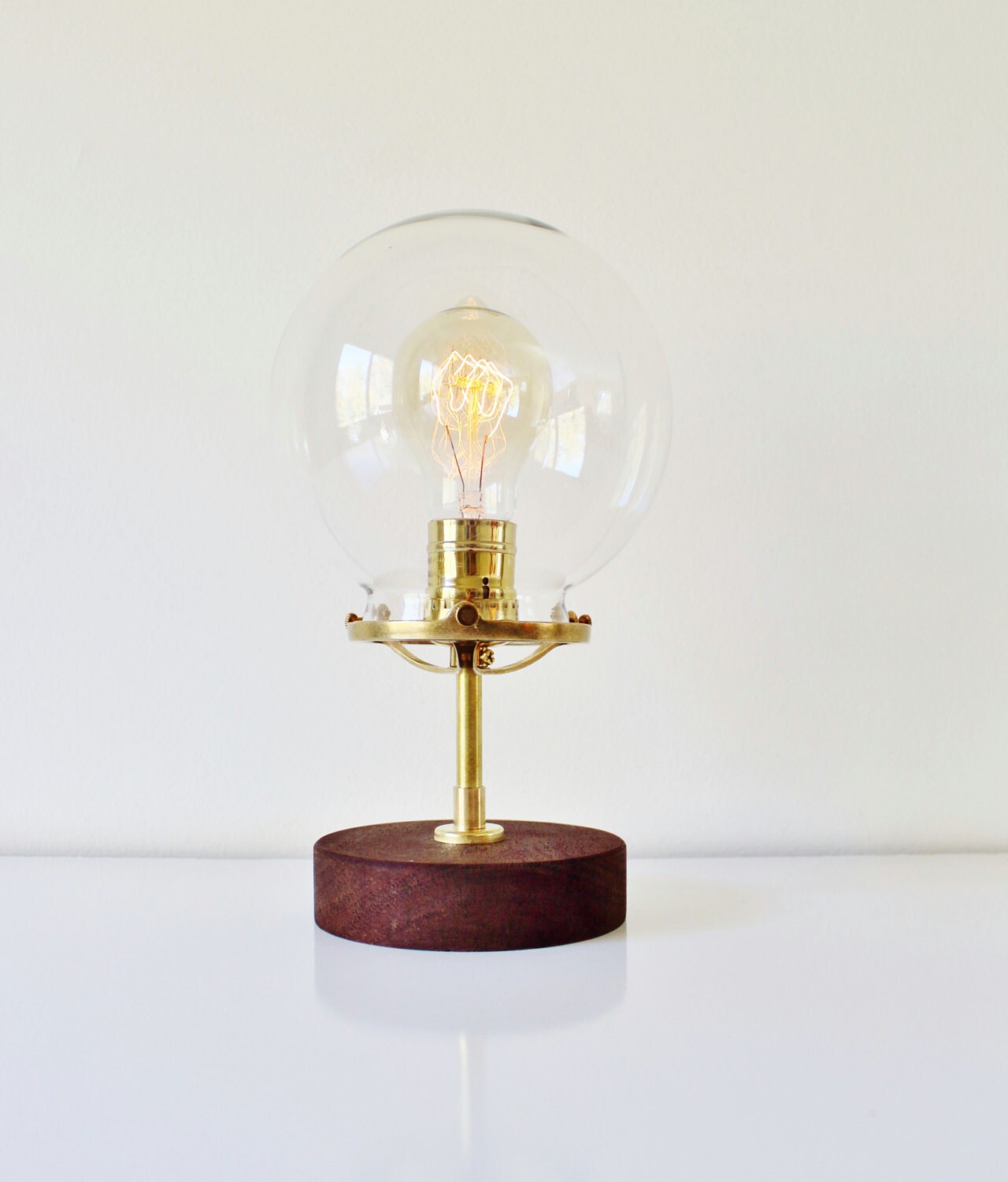 Globe Table Lamp Industrial Brass and Wood Desk Lamp Round - Etsy